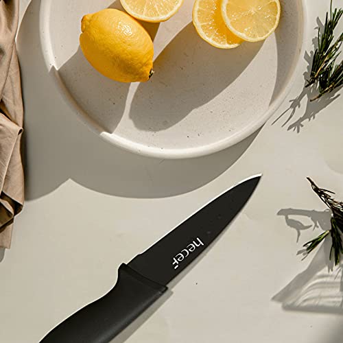 hecef Black Oxide Knife Set of 6 with Matching Blade Protective Sheath, Black Kitchen Knife Set, Scratch Resistant & Rust Proof, Hard Stainless Steel, Non Stick Black Color Coating Blade Knives