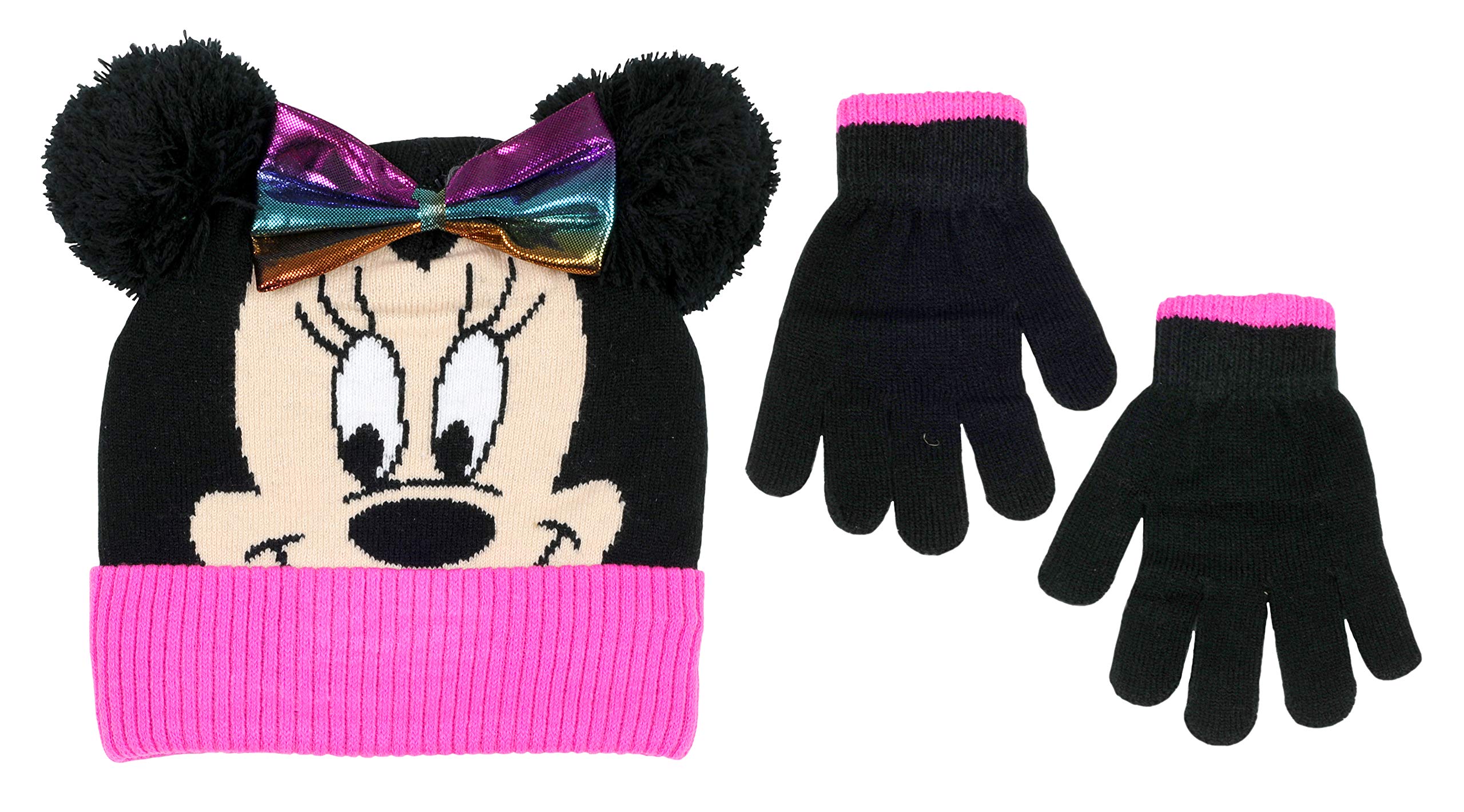 Disney Girls Minnie Mouse Winter Hat and Mitten or Glove Set, Age 4-6X, Black/Pink