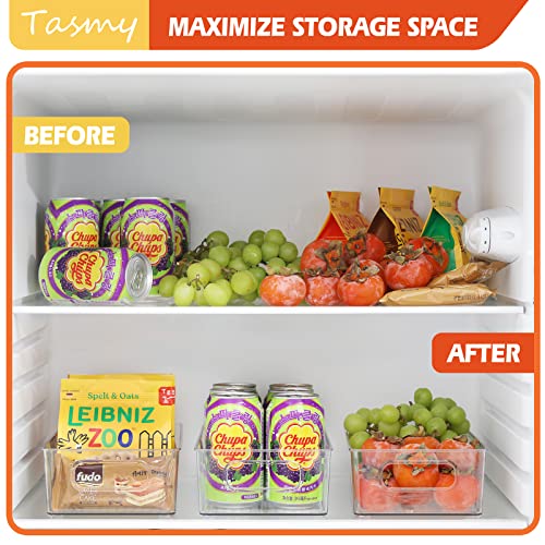 Tasmy Set of 4 Refrigerator Organizer Bins - Stackable Fridge Organizers with Handles for Freezer, Kitchen, Countertops, Cabinets - Clear Plastic Pantry Food Storage Rack, BPA Free