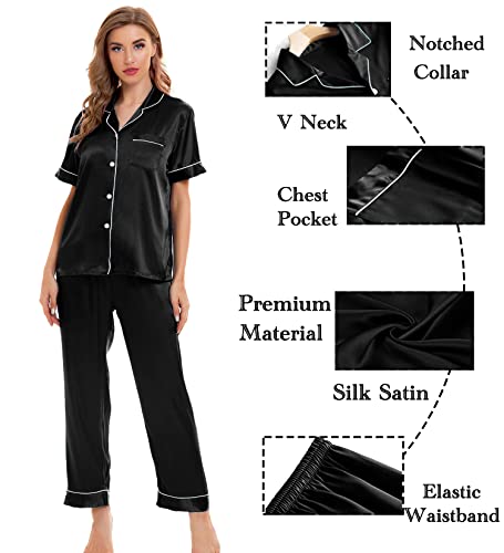 SWOMOG Womens 4pcs Pajamas Sets Sexy Cami with Button Down Short Sleeve Shirt Pjs Silk Satin Sleepwear Loungewear A-black