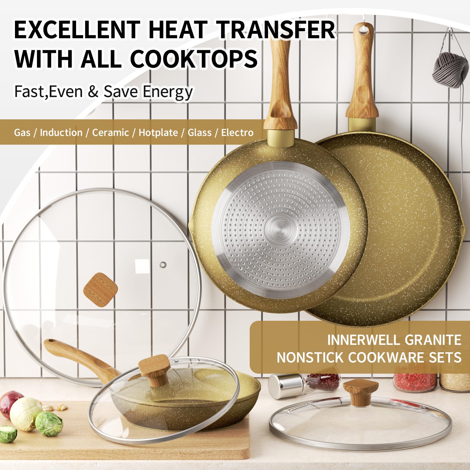 Nonstick Frying Pan Set With Lids,Non Stick Frying Pans Gold Granite Induction Cookware Set,Egg Omelette Skillet Set W/Lid,Healthy Kitchen Cooking Pans,PFOA Free