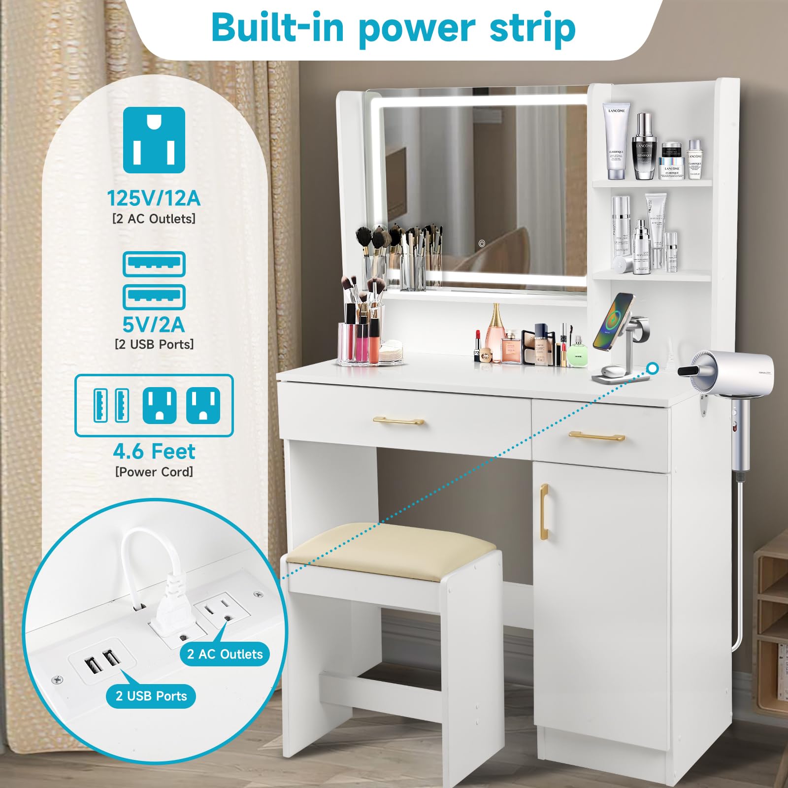 QUALIKRAFT Vanity Set, Vanity Desk with Mirror and Lights, Vanity Desk with Drawers, Vanity with Charging Station, Vanity with Chair, Vanity with Storage, White Vanity, Makeup Vanity,Bedroom Vanity