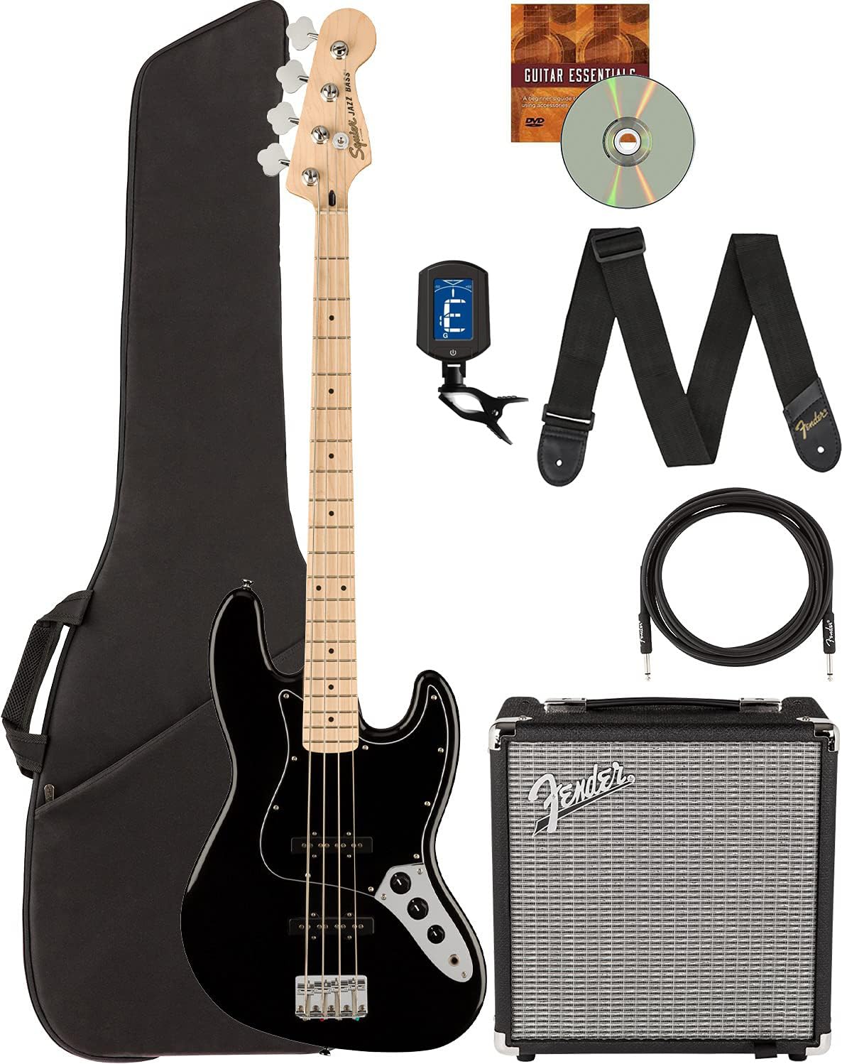 Fender Affinity Jazz Bass - Black Bundle with Rumble 15 Amplifier, Instrument Cable, Gig Bag, Tuner, Strap, and Austin Bazaar Instructional DVD