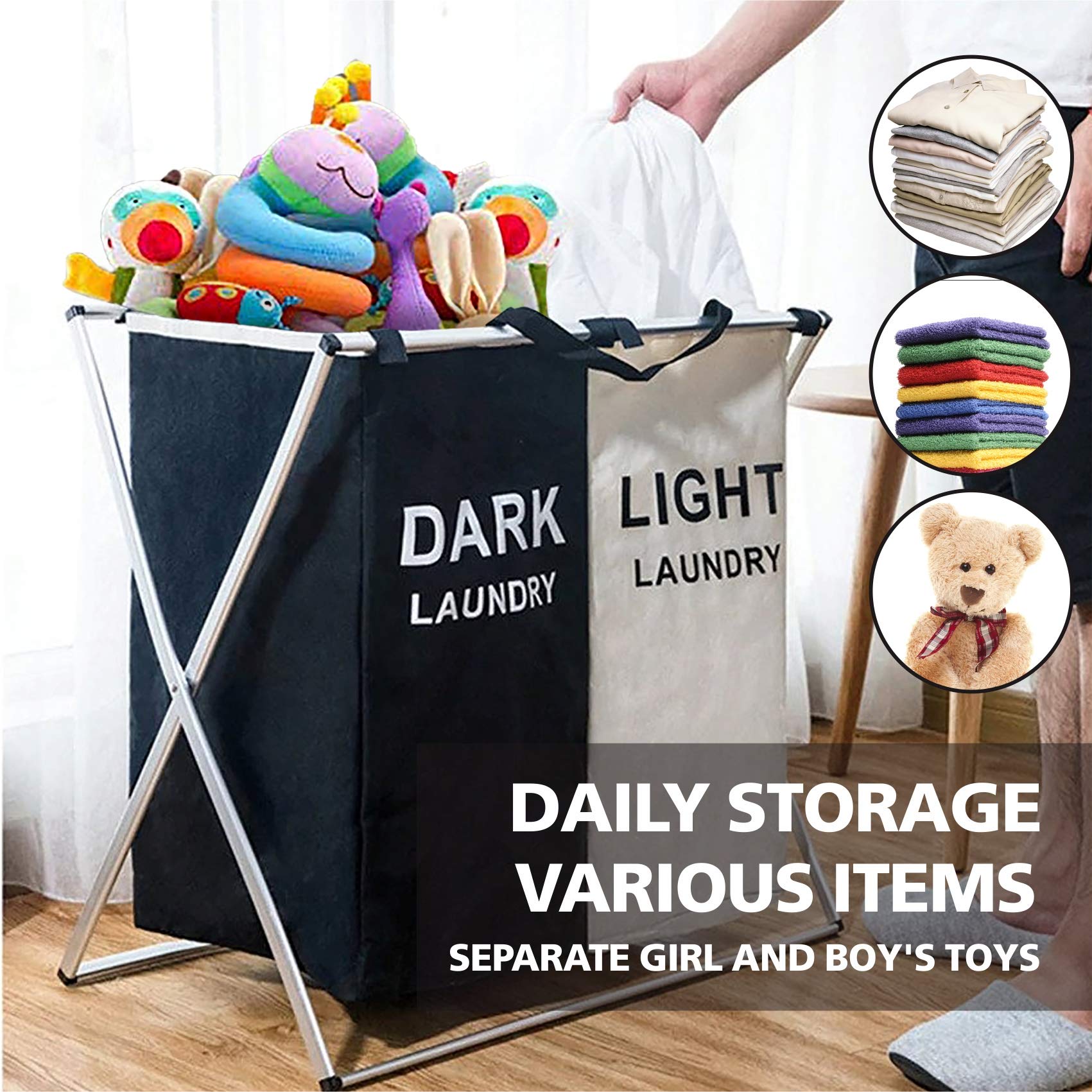 Double Laundry Hamper with Lid and Removable Laundry Bags, 125L Large Foldable Dirty Clothes Organizer Storage Bag with Handle and Aluminum Frame for Home Bathroom Dorm