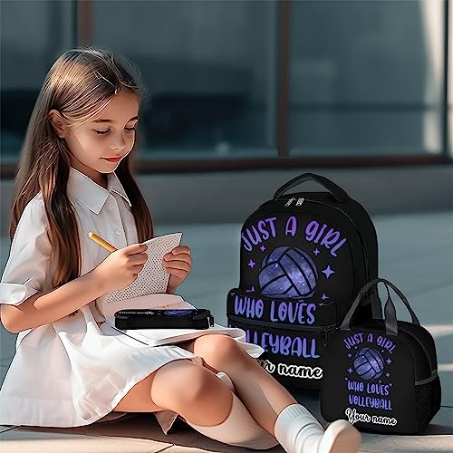 Personalized Volleyball Backpack with Lunch Box And Pencil Case Set, 3 in 1 Matching Teen Girls Purple Backpacks Combo, Sports Bookbag And Pencil Case Bundle