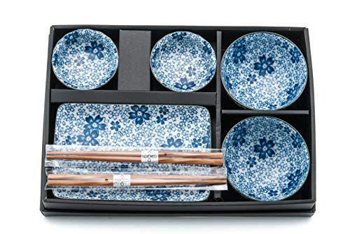 Fuji Merchandise Nippon Blue Sakura Cherry Blossoms Sushi Dinnerware 6pc Set for Two Including Plate Sauce Bowls and Rice Bowl with Chopsticks Made in Japan