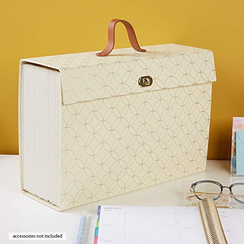 Erin Condren Designer Desk Accessories - Mid Century Circles Outline Accordion File Organizer Box. Features Beautiful, Metallic Gold Concentric Circles Outline Pattern