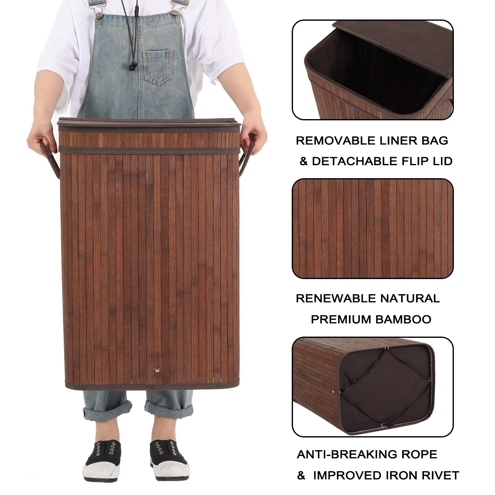 Sophia & William Laundry Hamper with Lid, 72L Bamboo Laundry Basket with Removable Liner, Collapsible Storage Dirty Clothes Basket with Handles for Laundry Bedroom, Dark Brown