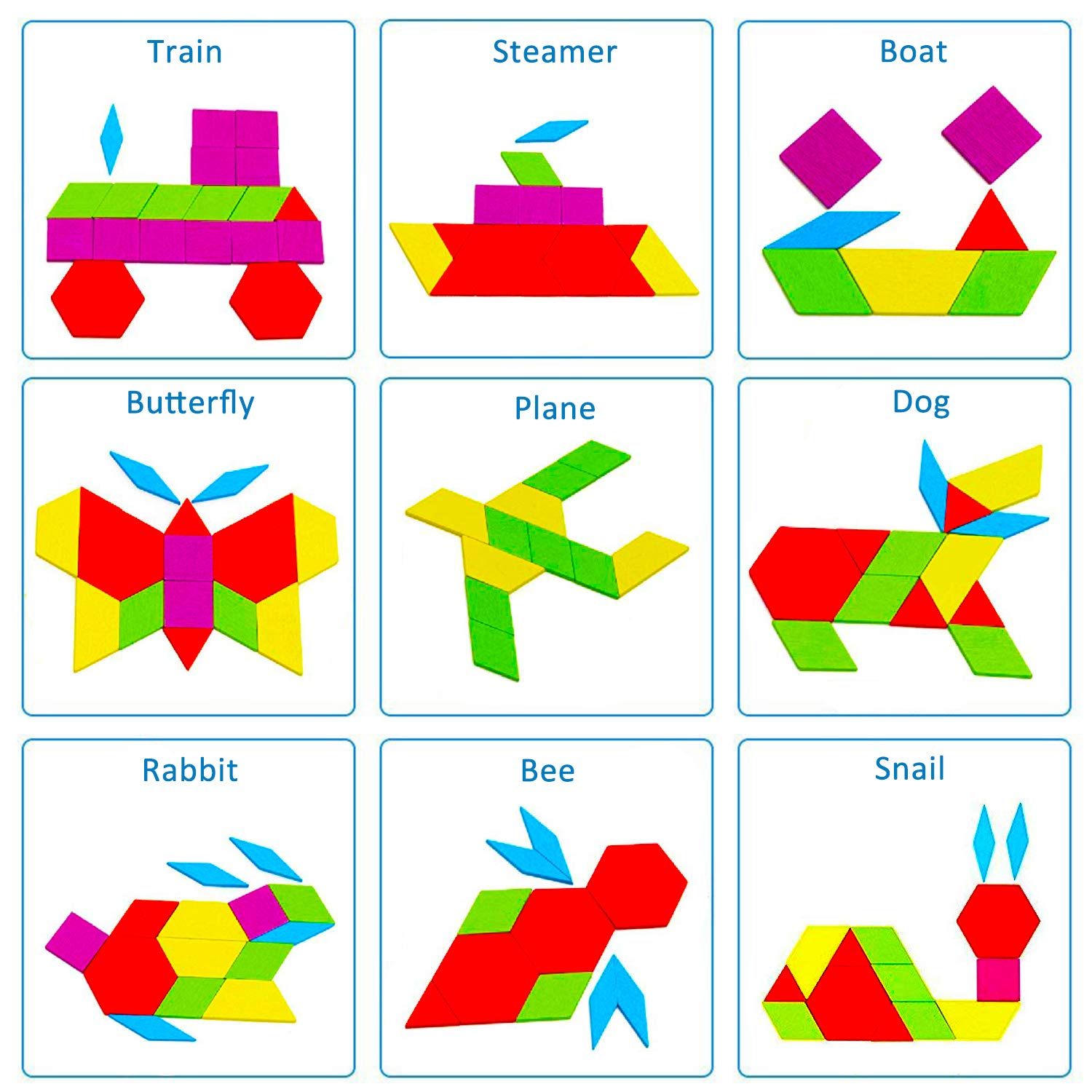 Wooden Pattern Blocks Shapes Puzzle Tangram, Classic Educational Games Kindergarten Homeschool Supplies, Fun Montessori Learning Toys for Ages 3 to 9
