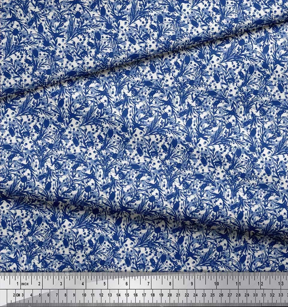 Soimoi Polyester Crepe Fabric Leaves & Floral Artistic Printed Fabric 1 Yard 42 Inch Wide