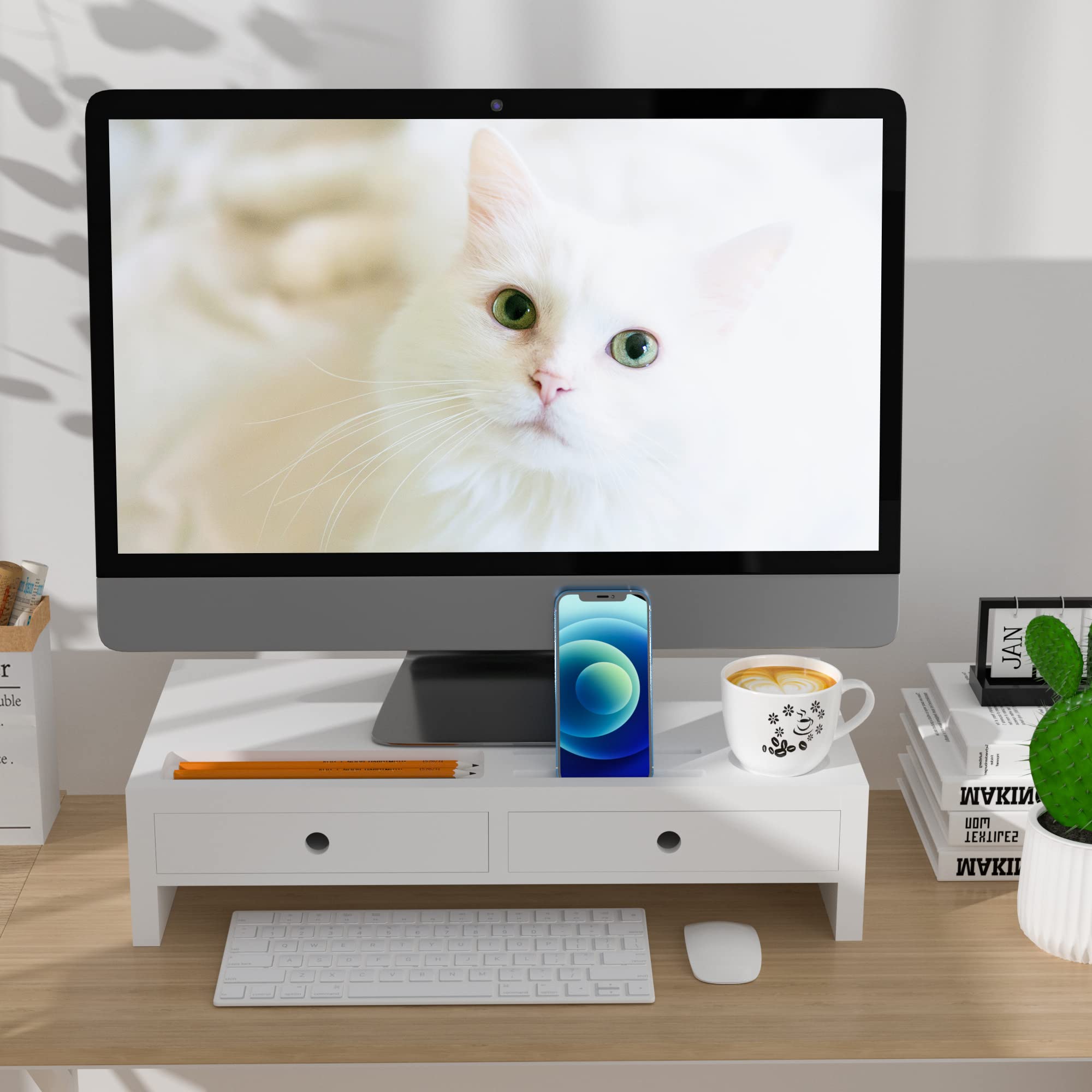 Monitor Stand Riser with Drawer - White Laptop Stand, Bamboo Desktop Shelf Organizer for Computer, TV, Printer, Office Supplies & Accessories with Phone Holder & Cups Slot, No Assembly Needed