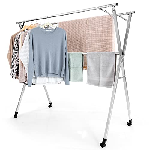 Tangkula Clothes Drying Rack with Wheels, Freestanding Stainless Steel Garment Rack for Laundry, Adjustable and Foldable, No Assembly Need, Space Saving Laundry Drying Rack for Indoor Outdoor