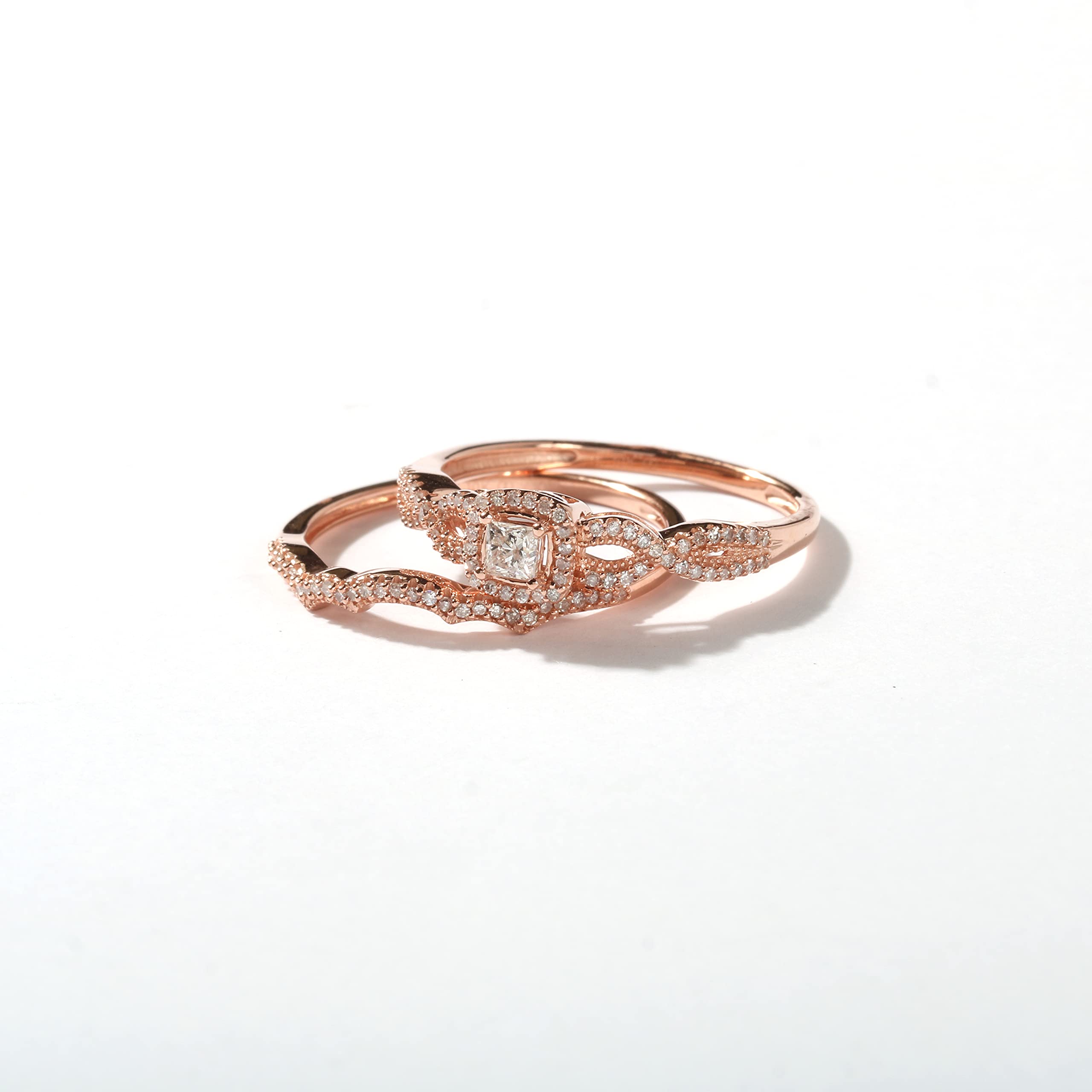 DZON IGI Certified 10k Rose Gold 3/8CT TDW Princess & Round Cut Diamond Halo Engagement Ring Set Love Gift for Women (I-J, I2)