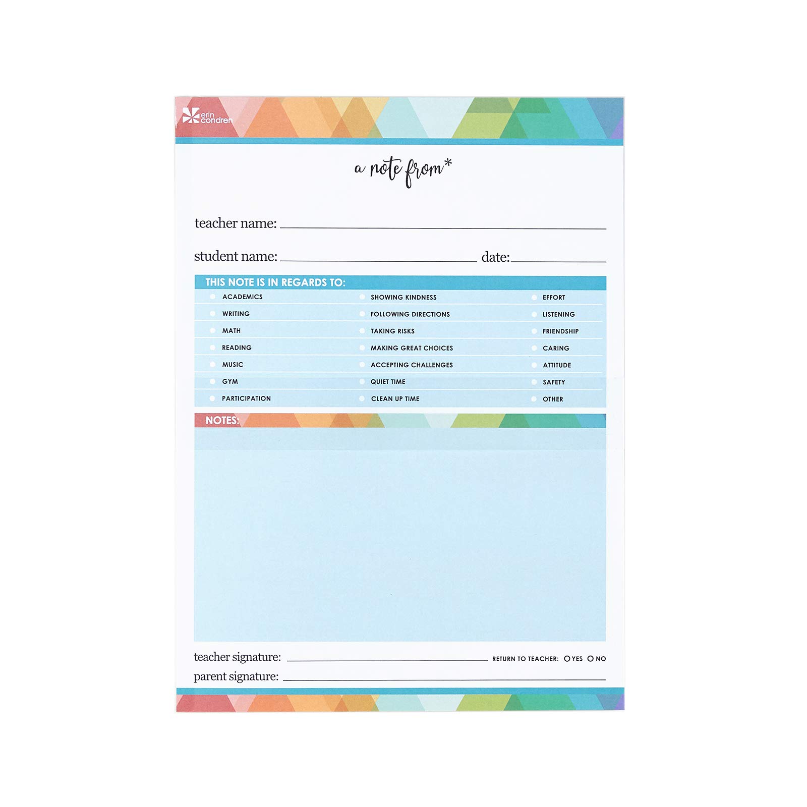 Erin Condren Notepad - A Note from The Teacher. Notepad with 25 Sheets to Help Track Student Performance with Parent Signature. Pre-Printed Messages for Convenience