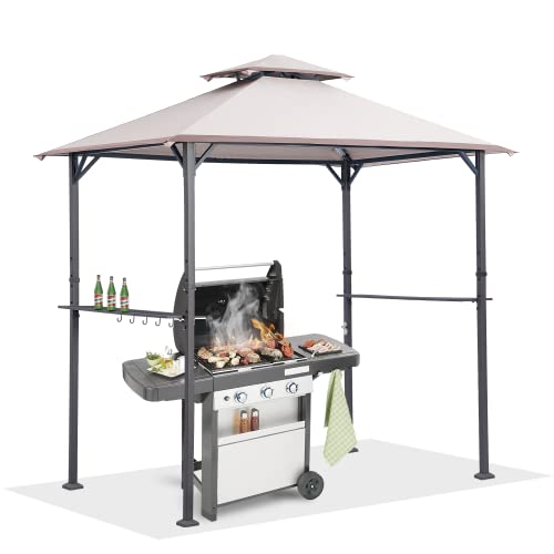 Easylee 8' x 5' Grill Gazebo for Outdoor BBQ, Steel Frame Gazebo with LED Lights and Hook, Double Tiered Barbecue Canopy Tent (Beige-White)