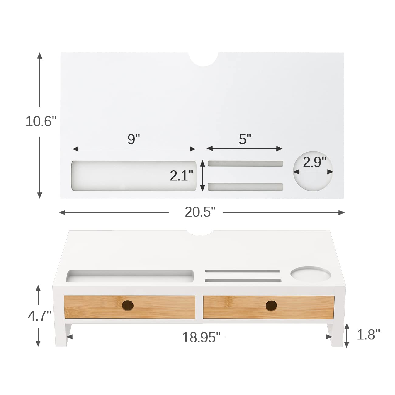Monitor Stand Riser with Drawer - White Laptop Stand, Bamboo Desktop Shelf Organizer for Computer, TV, Printer, Office Supplies & Accessories with Phone Holder & Cups Slot, No Assembly Needed