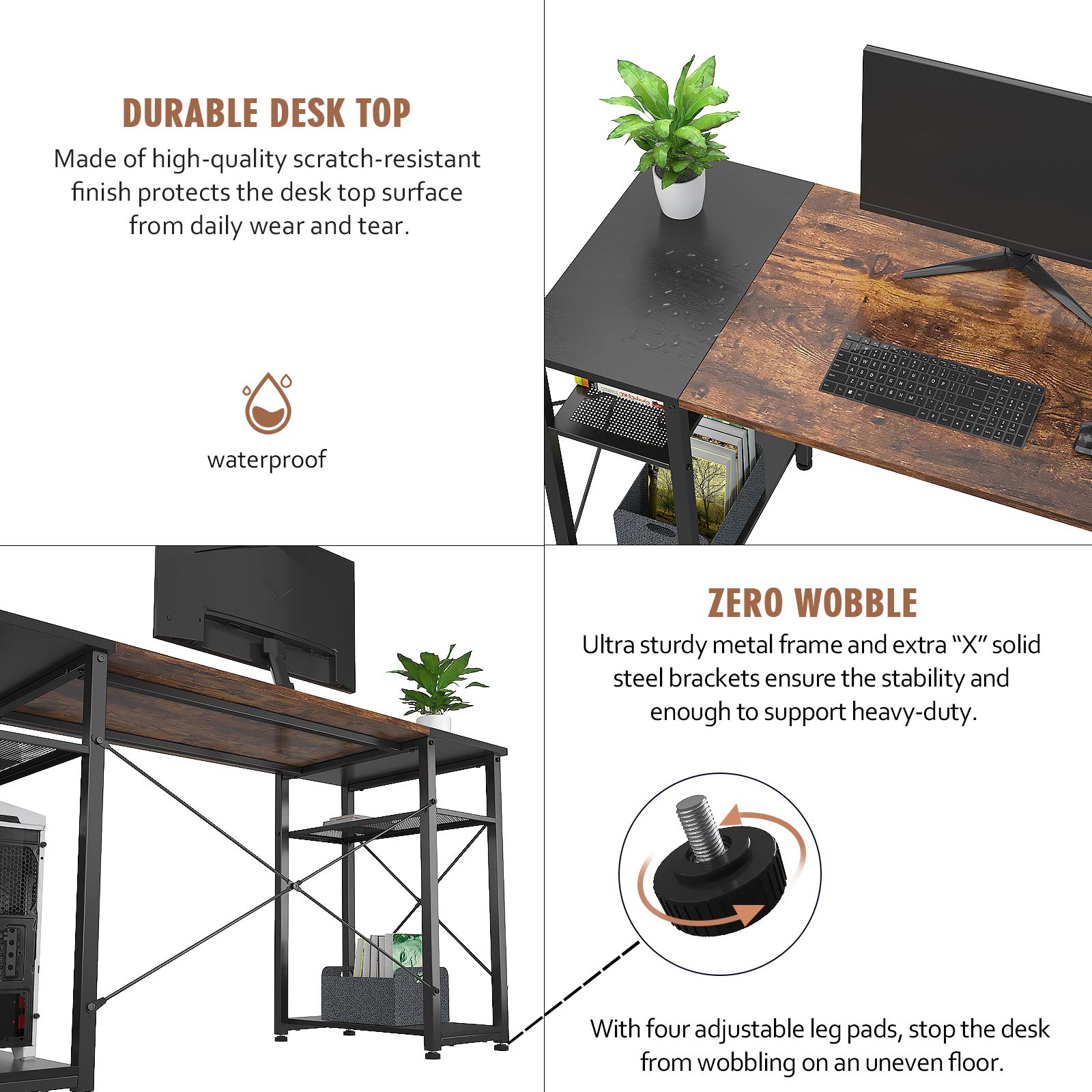 Foxemart Computer Desk 47" Office Desk with Storage Shelves, Industrial Student Study Writing Desk, Modern Work Desk for Home Office, Small Desk Gaming PC Table Workstation, Rustic and Black