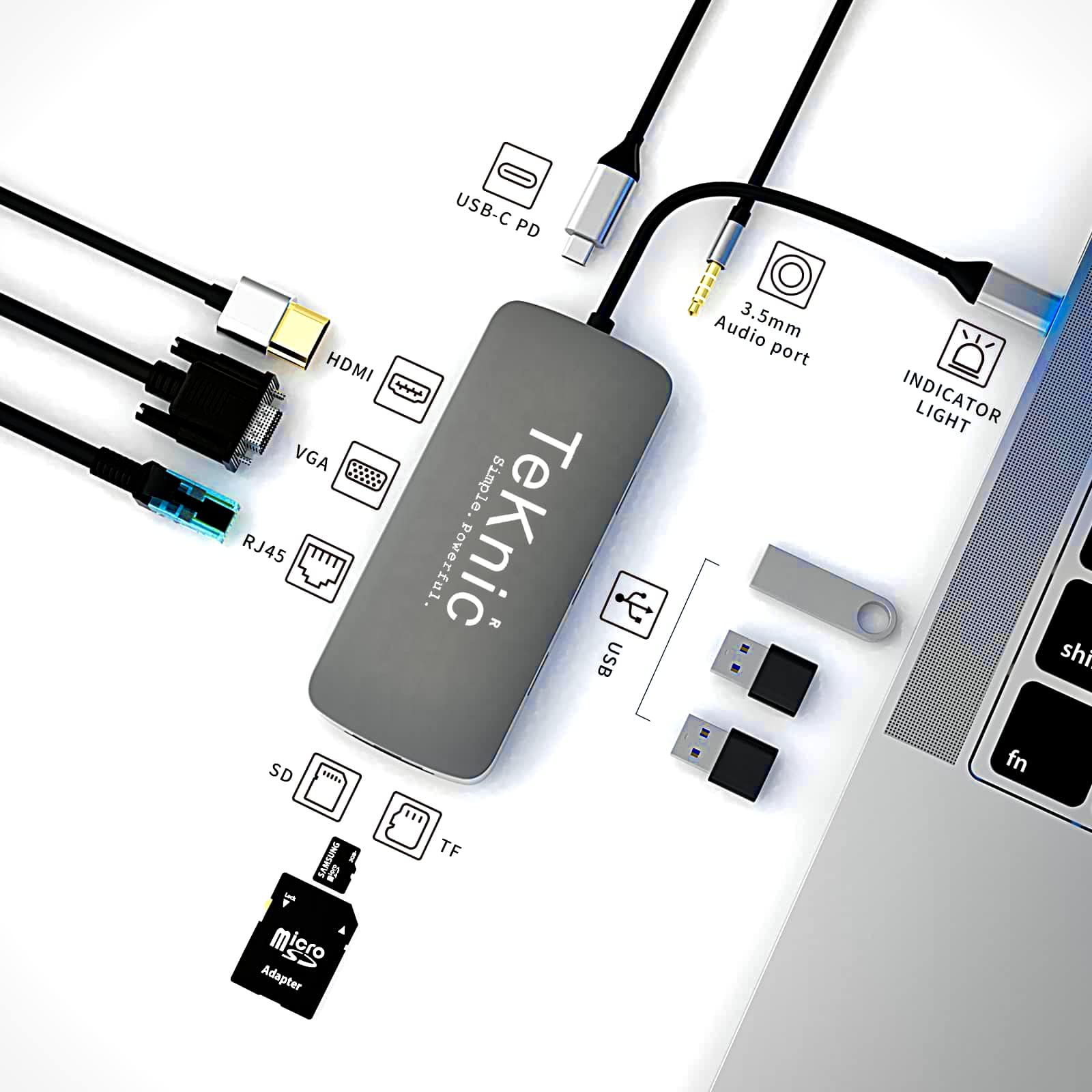 USB c Hub Multiport Adapter TeKnic 10in1 Adapter Female USB 3.0 Ports Ethernet Jack 4K HDMI VGA USB 3.0 Ports SD/TF Card Reader PD