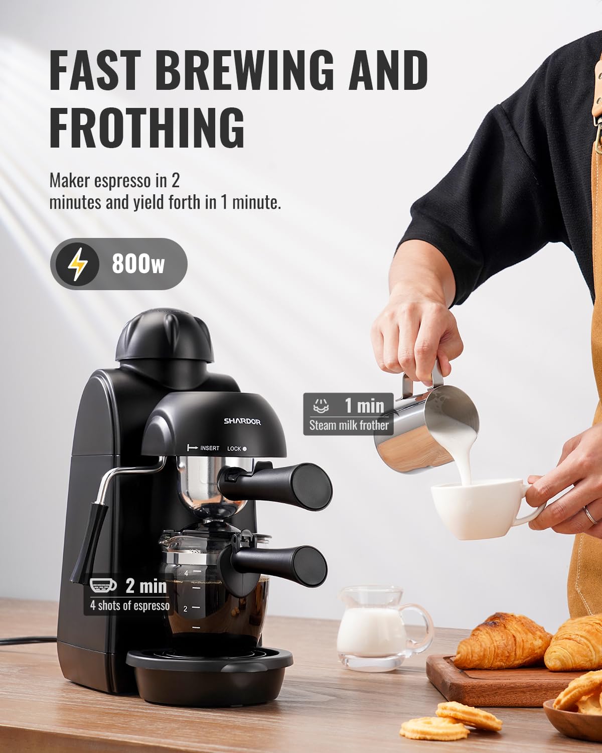 SHARDOR Espresso Machine with Powerful Steamer, 5-Bar Cappuccino Espresso Maker with Steam Milk Frother, 1-4 Cup Latte Coffee Maker for Home, Black