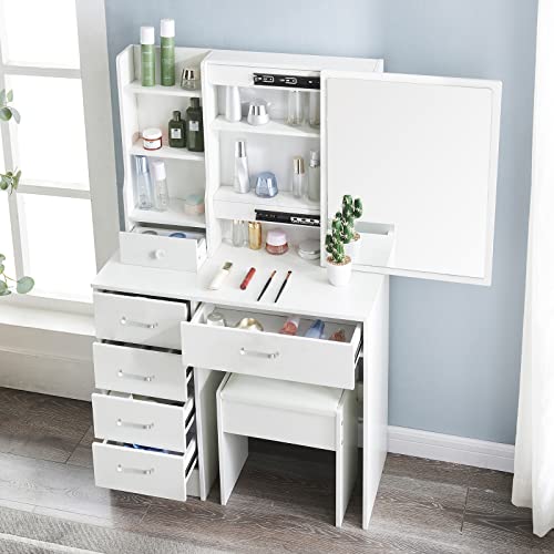 Makeup Vanity Set with Lights and Mirror Vanity Dressing Table with Drawers and Stool Shelves Makeup Vanity Desk for Bedroom Furniture for Girls Women