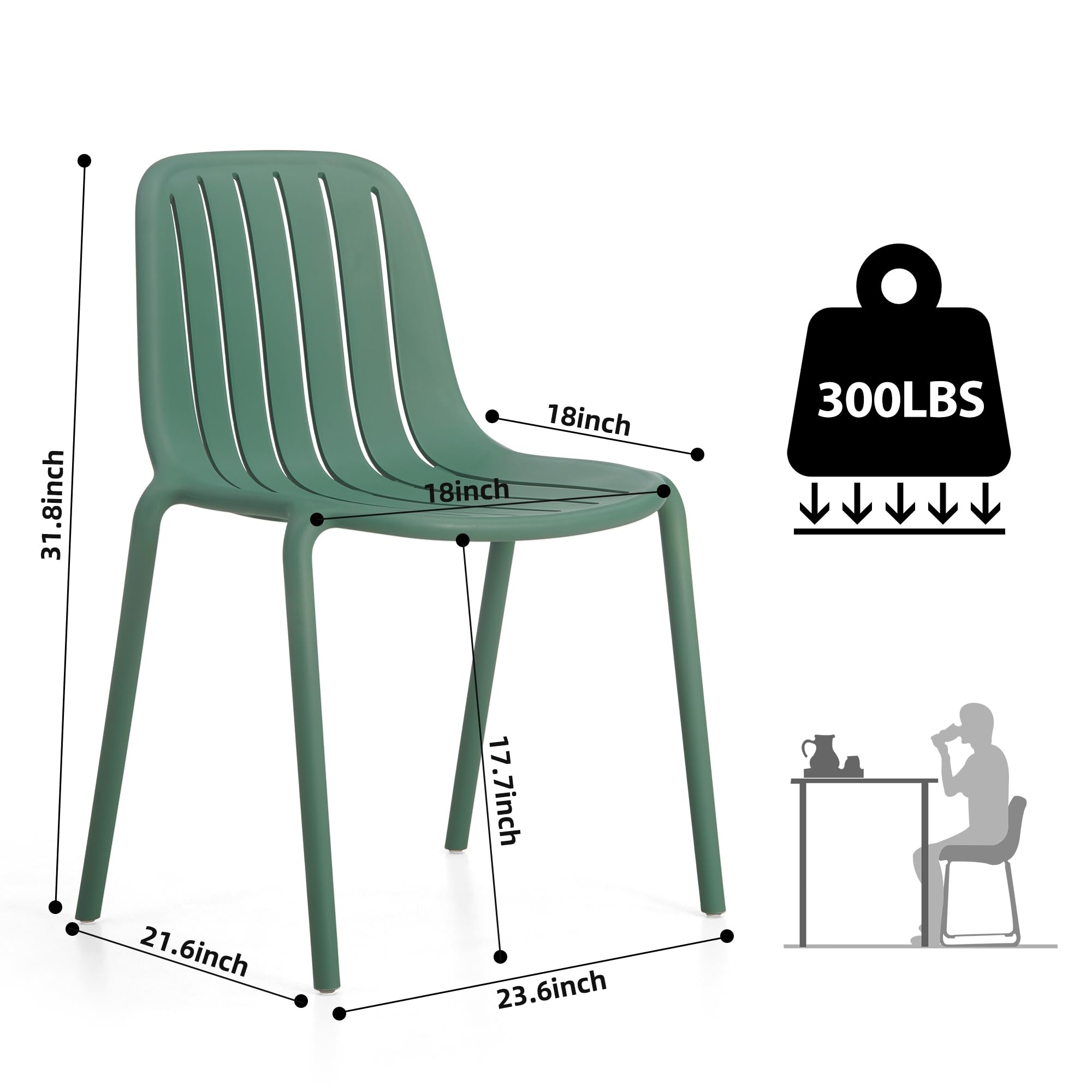 LESHI Patio Dining Chairs Plastic Stackable Chairs with Breathable Design Modern Simple Art Style for Dining Room Balcony Restaurant Kitchen Table Patio Indoor-Outdoor (Dark Green, 2 Pack-Armless)