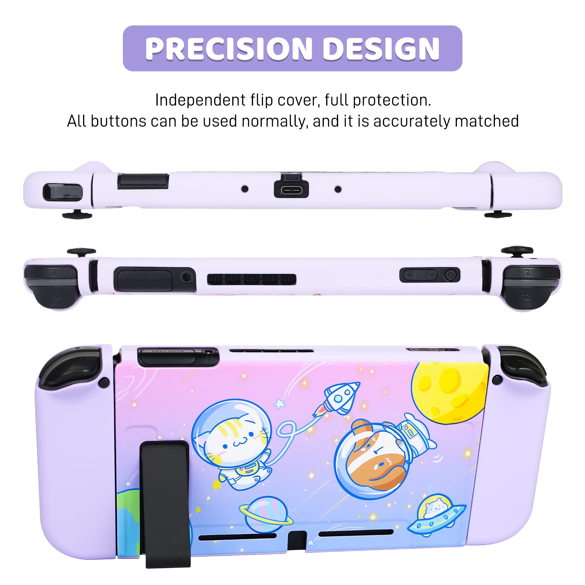 FANPL Purple Case for Nintendo Switch, Soft TPU Protective Case Compatible with Switch Console and Joy Con Controller, Cute Dockable Shell, Kawaii Switch Skin Accessories - Universe Cat & Dog Pattern