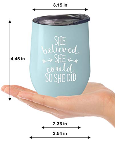Fancyfams She Believed She Could So She Did - Congratulations Gifts - Graduation Gifts for Her - 12 oz Stainless Steel Wine Tumbler (Blue)