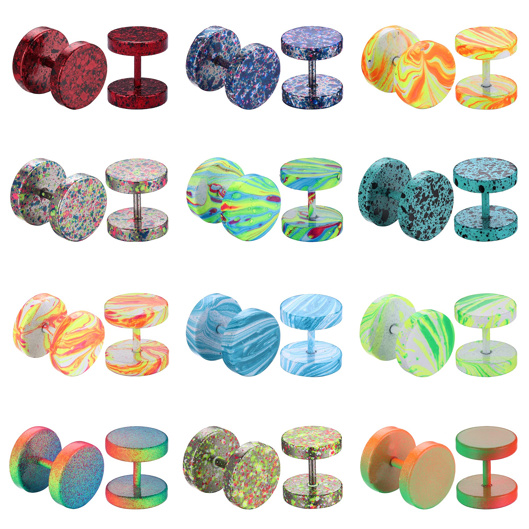FIBO STEEL12 Pairs Faux Gauge Earrings Stainless Steel Stud Earrings for Men Women Cheater Fake Ear Plugs Gauges Tunnel