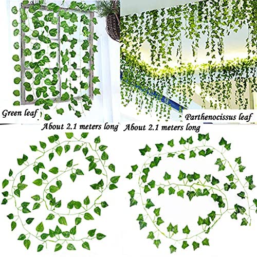 Fly Array 6.7 Ft 2 Strands of Artificial Ivy Wreath Leaf Vines, Plastic Ivy, Hanging Fake Plants, Used for Home Kitchen Garden Office Wedding Wall Decoration (Green)