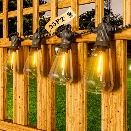 Kawaya 25FT LED Outdoor Lights String Waterproof, Patio Lights for Outside Hanging String Lights, Vintage Edison String Lights with 12+1 Shatterproof Bulbs for Backyard Bistro Porch Gazebo Yard