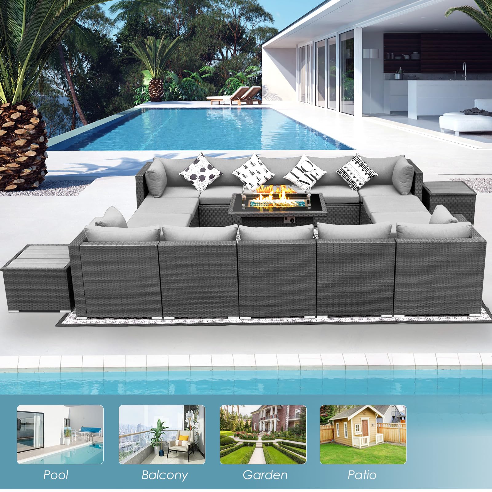 RADIATA PE Wicker Patio Furniture Set Sectional High Back Large Size Sofa Sets with Propane Fire Pit Table 55000 BTU Balcony Rattan Lounge Conversation Sets for Outdoor (17 Pieces,Light Gray)