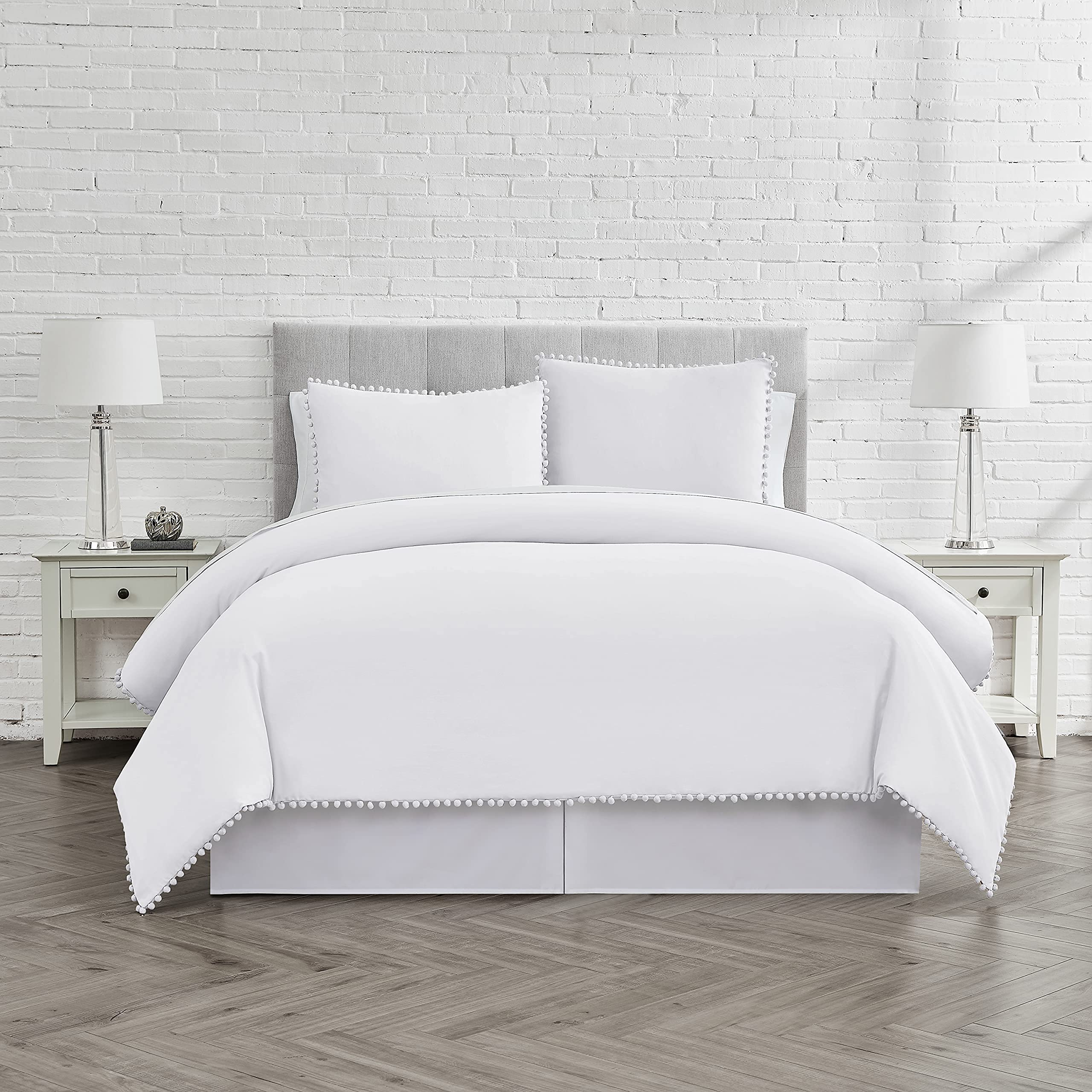 Southshore Fine Living, Inc. Pom Pom Collection - Premium Quality, Soft, Wrinkle, Fade, & Stain Resistant, Pre-Washed, Vintage Look Oversized Duvet Cover Set, Twin / Twin XL, White