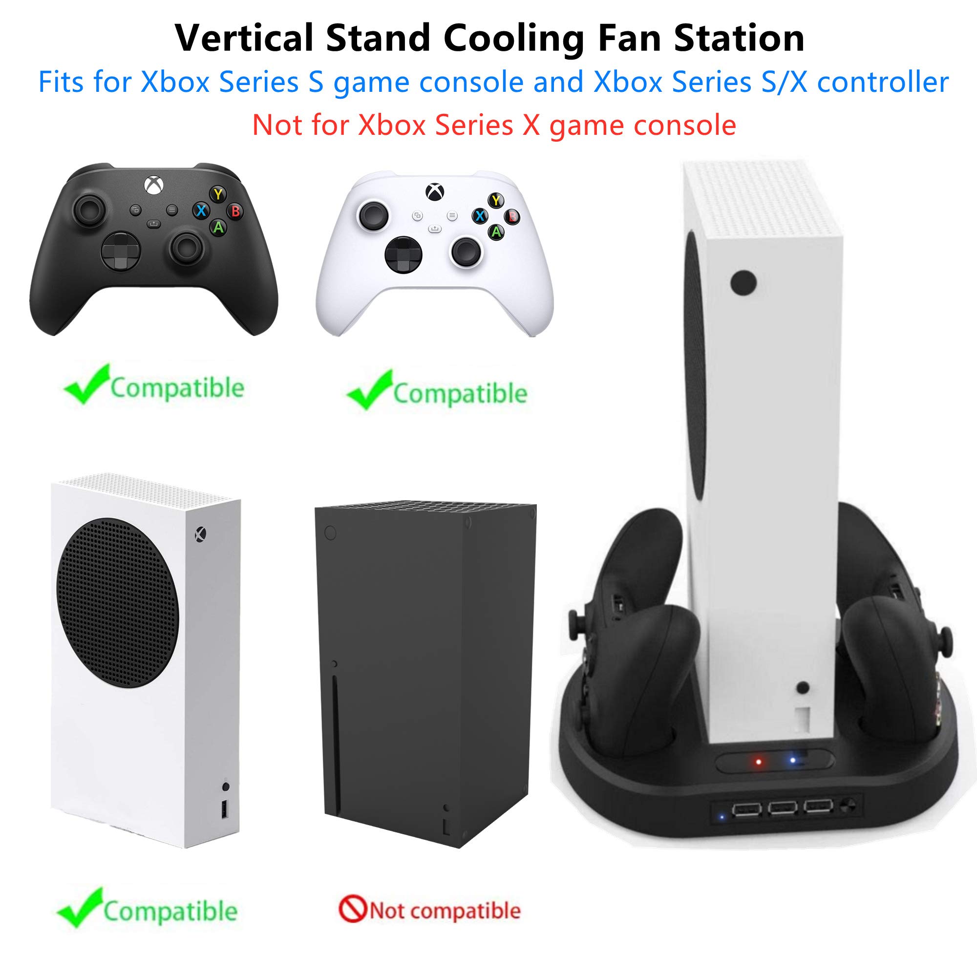 FANPL Vertical Stand Cooling Fan Station for Xbox Series S with Dual Controller Charging Dock & Organizer USB Ports & LED Indicators (Black)