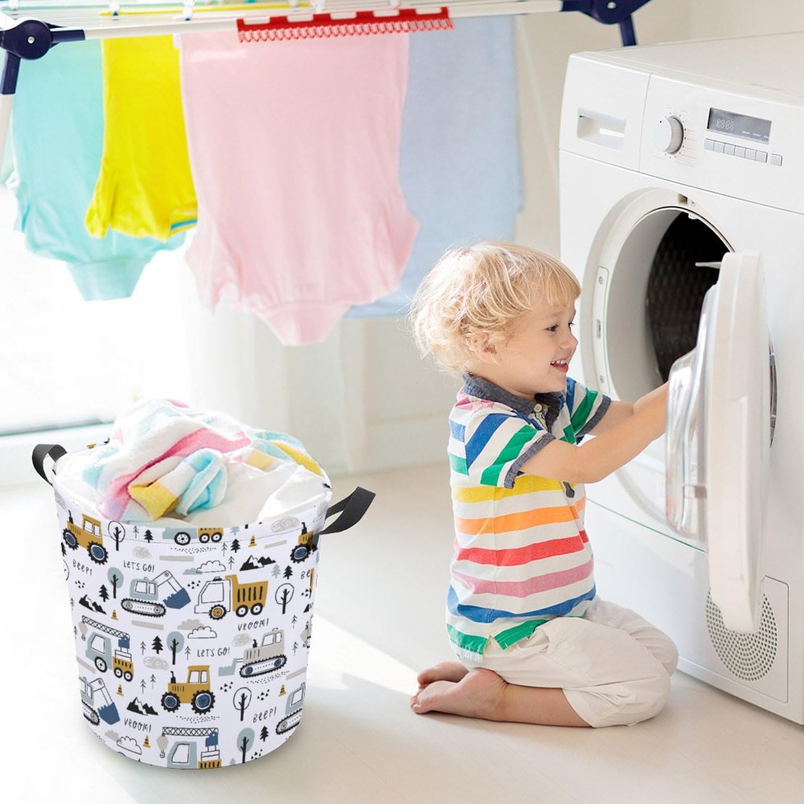 mchuang Boho Cartoon Truck Tractor Cargo Crane Cars Laundry Hamper,kids laundry Basket,Waterproof Storage Bin for Bedroom,Clothes Organizer Basket,Toys Box,Room Decor