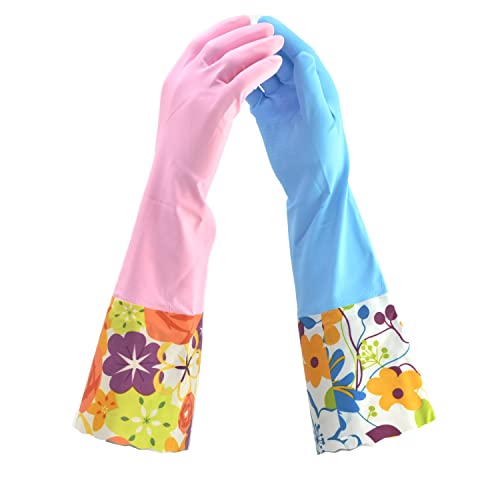Finnhomy 31229 Household Gloves Latex free cleaning Gloves with soft fiber lining extra long cuff 15" and Vinyl Textured Grip 2 Pair Large