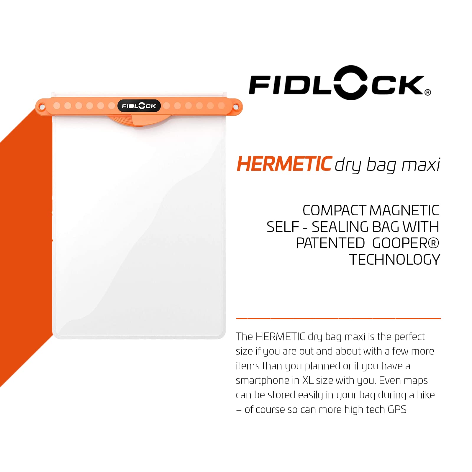 FIDLOCK Hermetic Dry Bag Maxi - Flexible Magnetic Self-Sealing Bag for Cellphone | 100% Waterproof and Sand Proof - Practical Size with a Large Opening, with Lanyard included - Blue Transparent