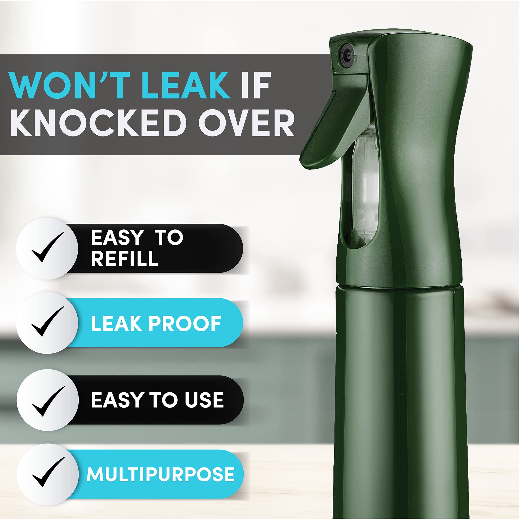 Hula Home Continuous Spray Bottle (10.1oz/300ml) Empty Ultra Fine Plastic Water Mist Sprayer β For Hairstyling, Cleaning, Salons, Plants, Essential Oil Scents & More - Green