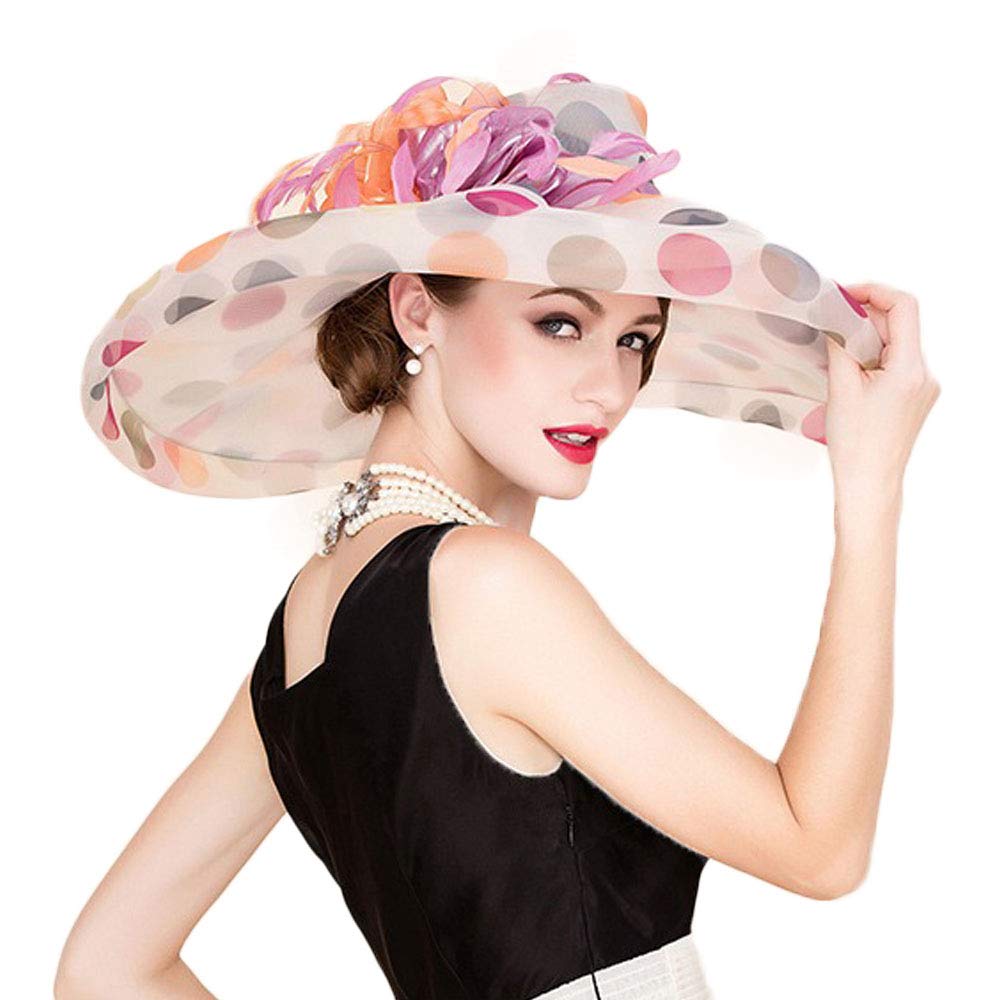 F FADVES 100% Organza Sun Tea Party Hats Large Wide Brim Flower Fedoras Polka Dot Wedding Hat Solid Black