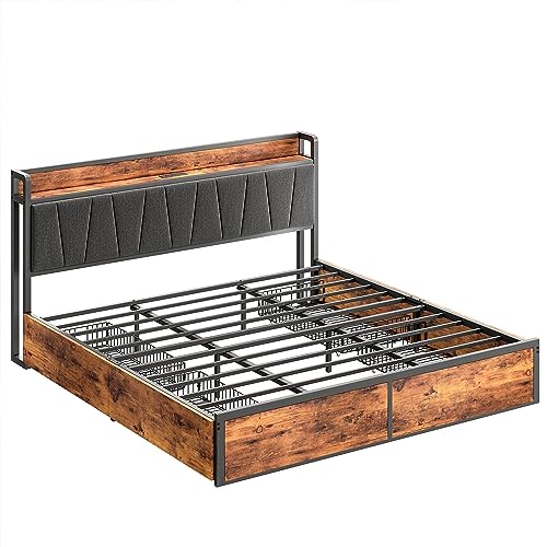 LIKIMIO King Bed Frame with 4 Storage Drawers, Platform Bed with Charged Headboard, Sturdy and Stable, No Noise, No Box Spring Needed, Easy to Install