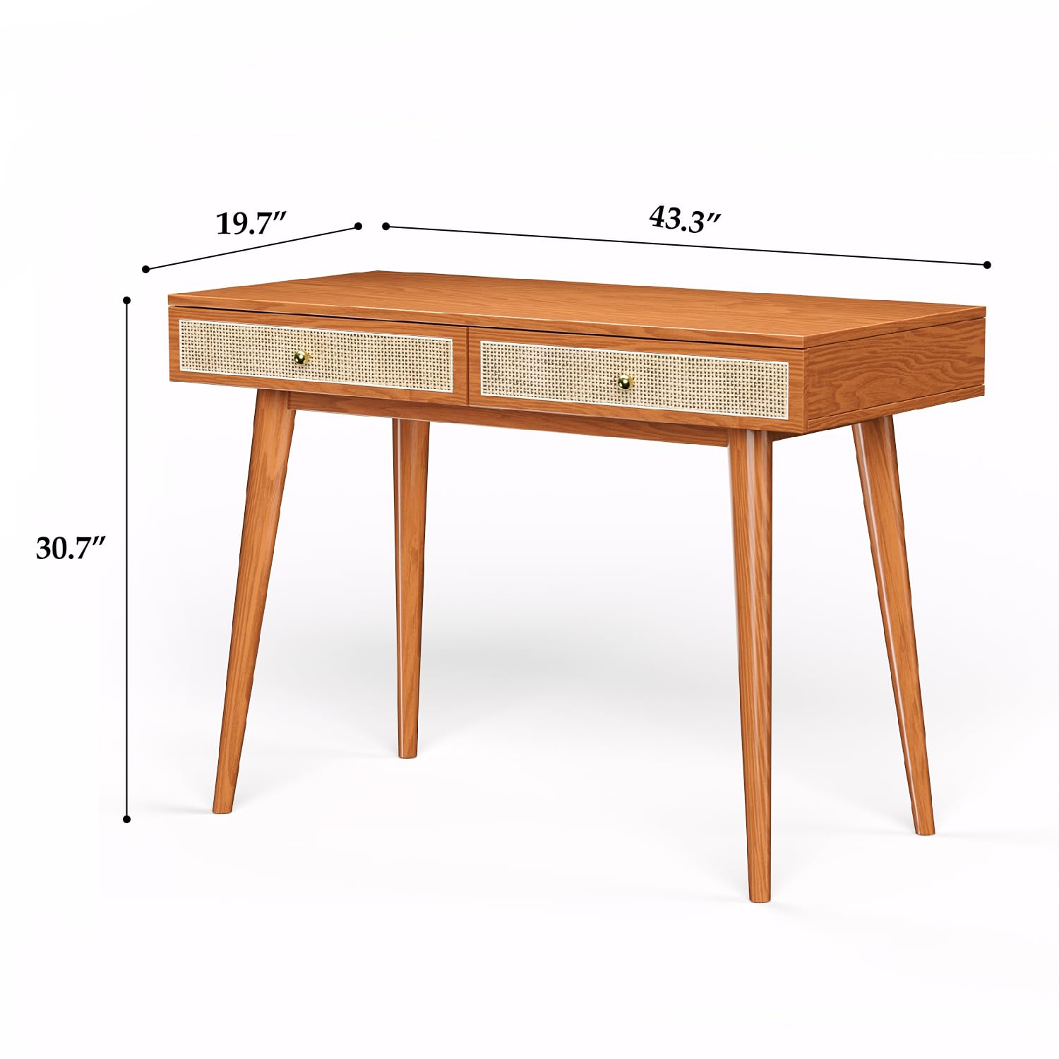 Longcoam Design Mid-Century Modern Solid Wood Desk with Drawers β 45 inch Small Boho Rattan Writing Desk for Home Office, Minimalist Design Natural Wood Legs Table for Workspace Elegance