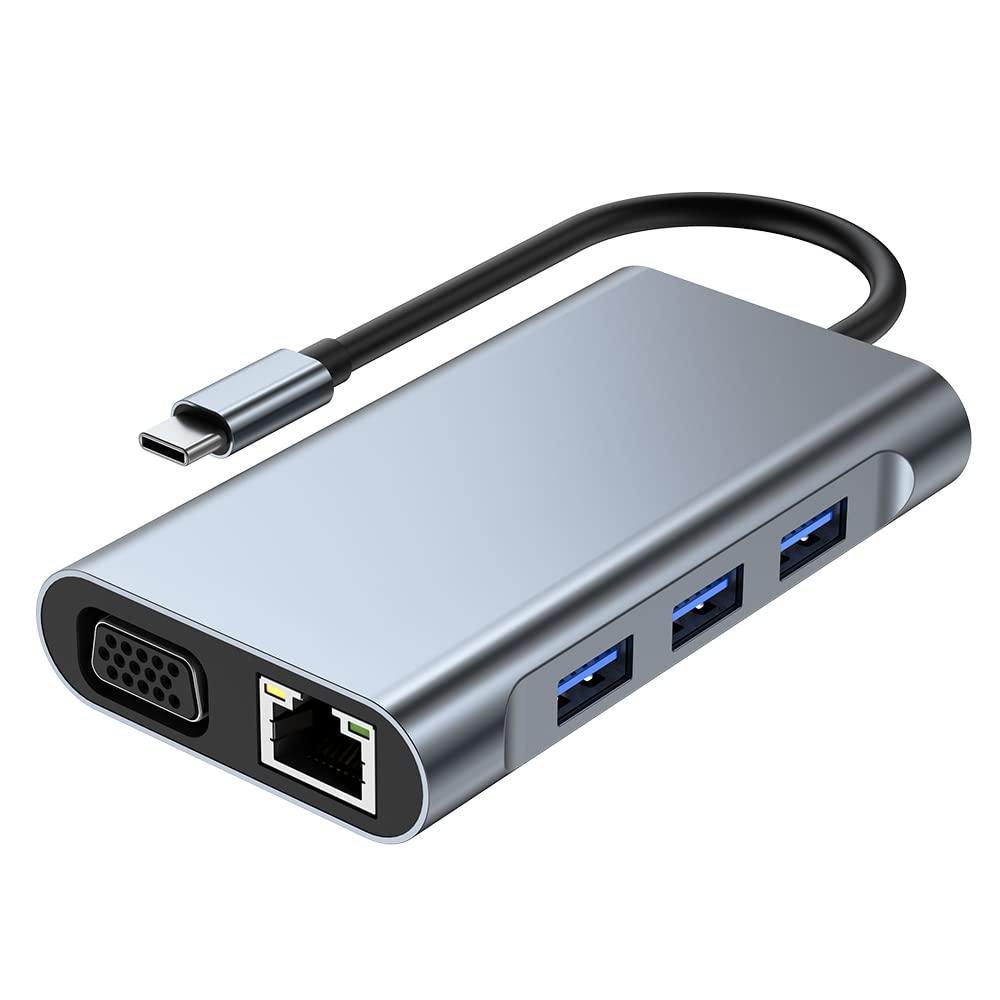 KitBox USB C HUB 7 in 1 Type C Adapter with Type C 87W PD, USB3.0 HDMI VGA, RJ45 Ethernet Port for MacBook and Other Type C Laptop.