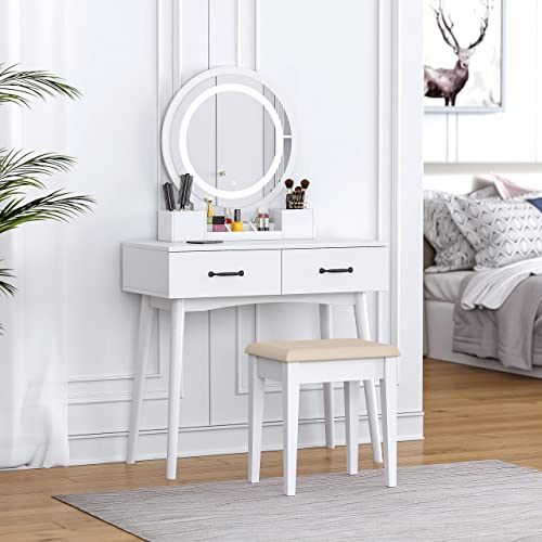 UTEX Makeup Vanity Desk with Round Mirror and Lights,White Vanity Makeup Table, Small Vanity Table with 2 Drawers, 3 Lighting Modes Dresser Desk and Cushioned Stool SetĀ for Bedroom, White