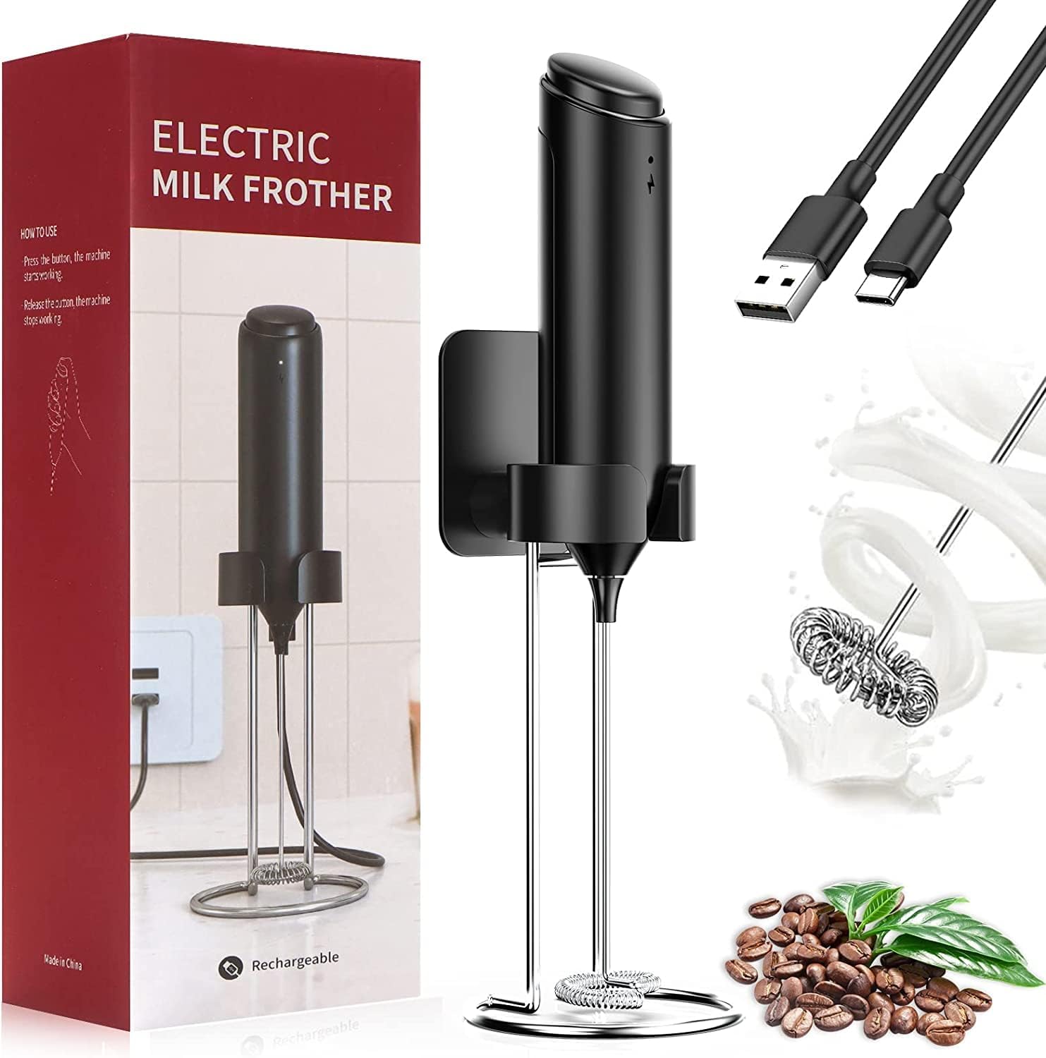Rechargeable Milk Frother Handheld for Coffee, Stirrers Electric Whisk with Wall Mounted Stand, Drink Mixer Hand Frother Wand (MF01)
