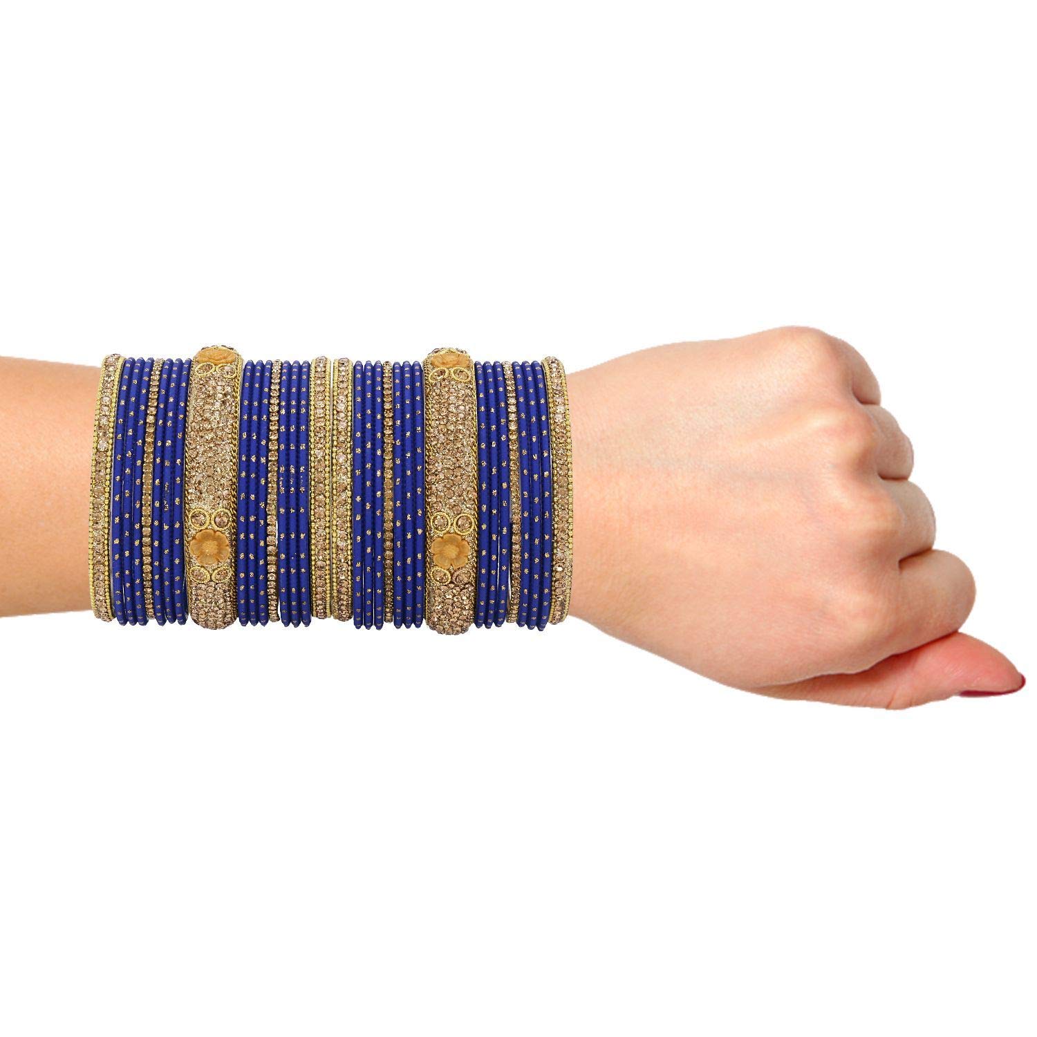 Efulgenz Indian Bangles for Women Indian Bangle Set Rhinestone CZ Crystal Wedding Bridal Metal Bangle Bracelets Jewelry (Royal Blue, 2-6)