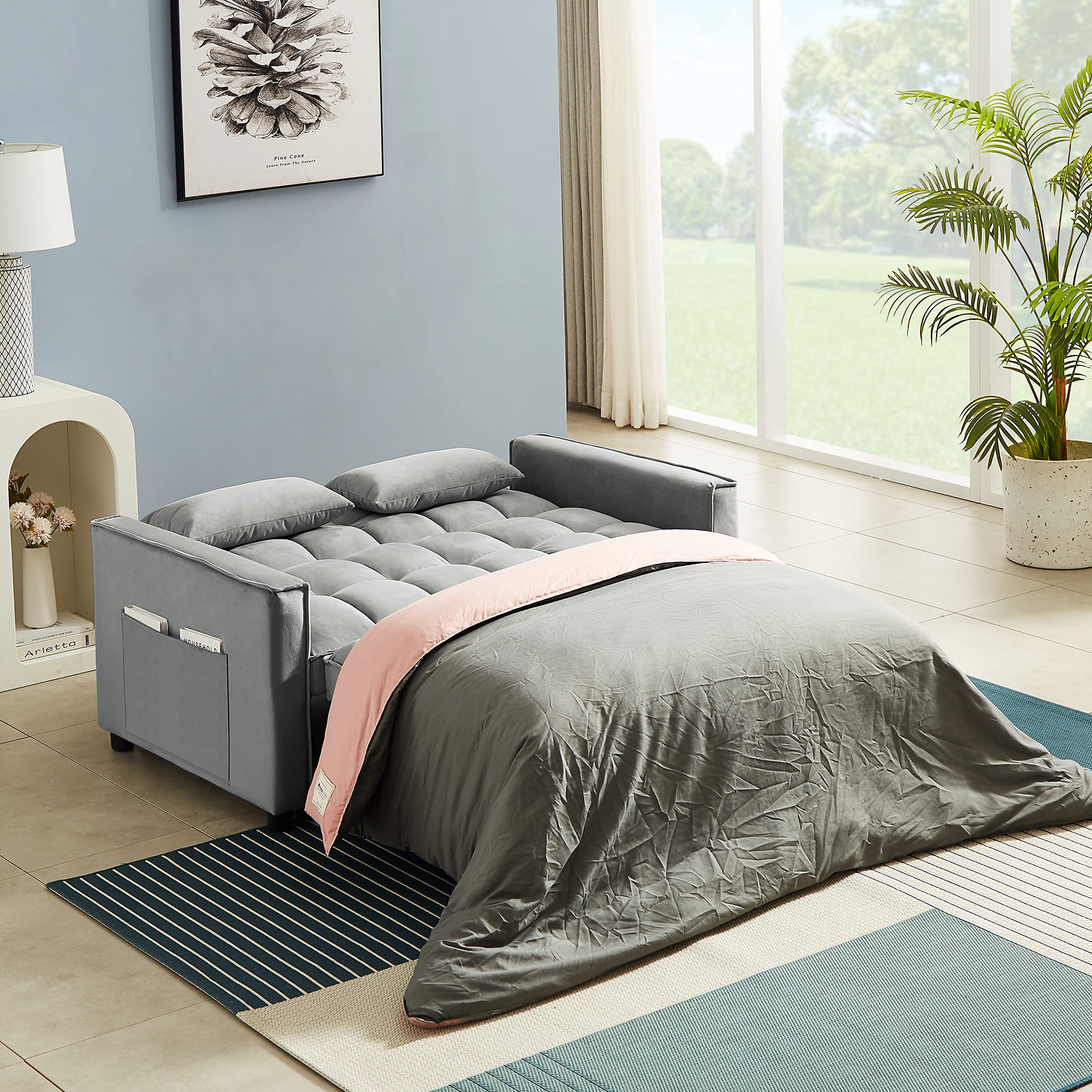 ONEMMLION 3 in 1 Convertible Sleeper Sofa Bed with Pullout Bed, Small Sofa, Loveseat Futon Sofa with Pillows, Pockets, Adjustable Backrest, Velvet Futon Couch Bed for RV, Living Room, Grey