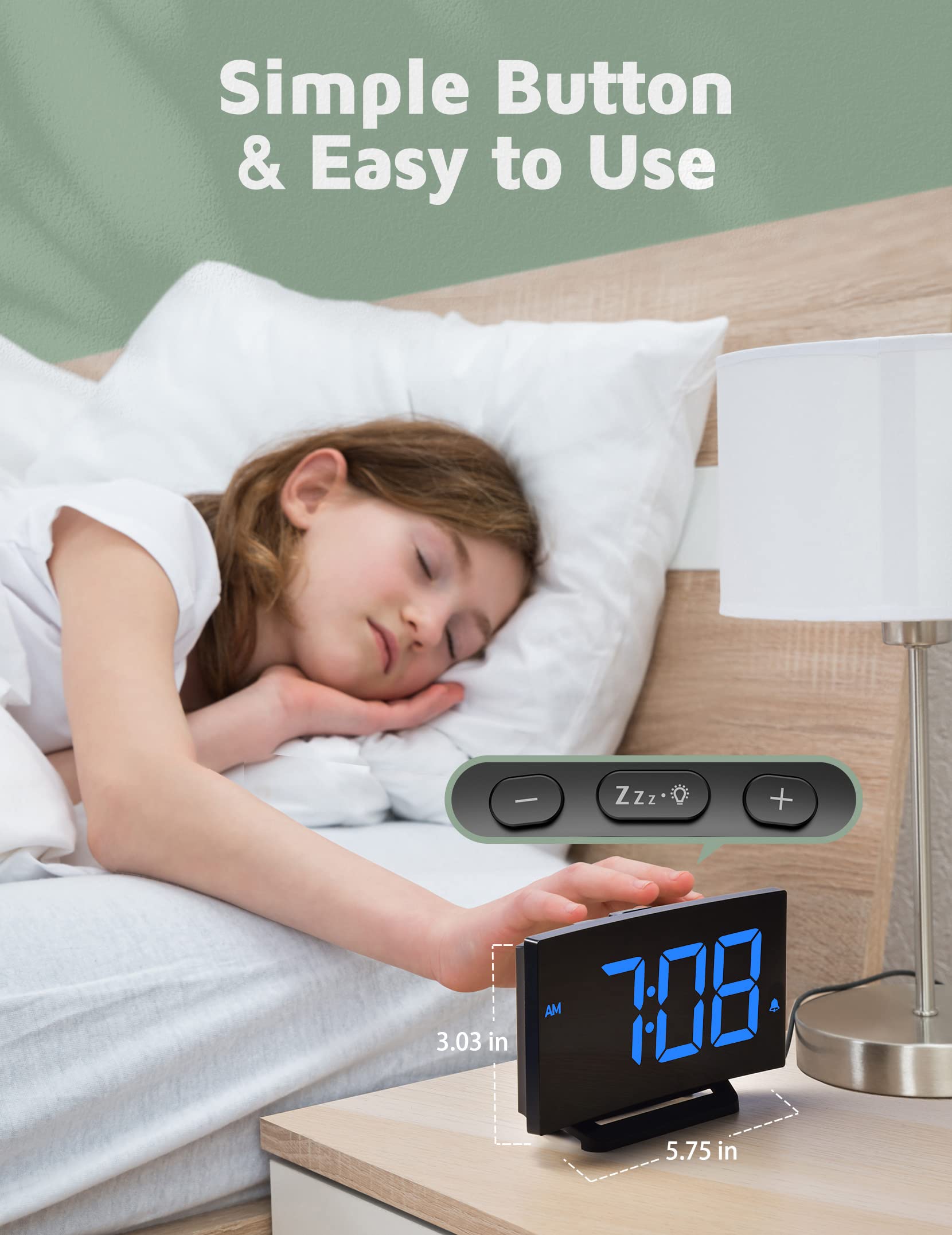 Digital Clocks for Bedrooms, 6-Level Brightness and Large Display, Adjustable Alarm Volume and 3 Ringtones Alarm Clock, 9 MINS Snooze & 12/24H Format, Easy to Use Bedside Clock for Seniors Elders Kids