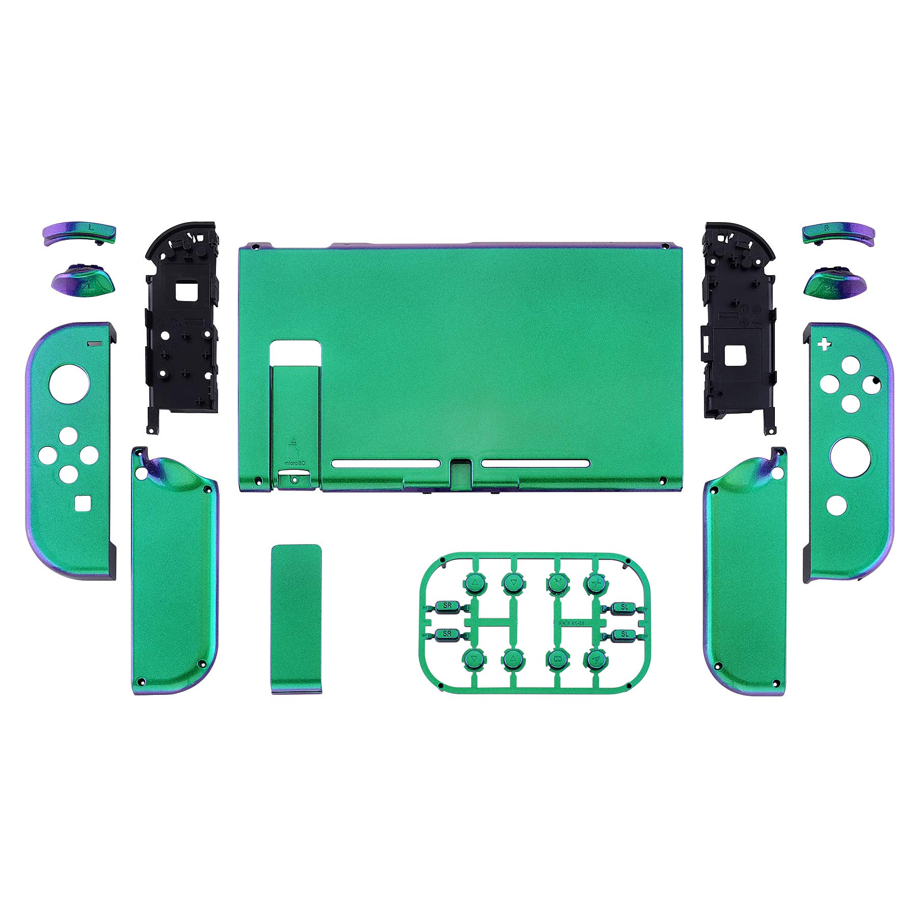 eXtremeRate DIY Replacement Shell Buttons for Nintendo Switch, Custom Back Plate for Switch Console, Housing Case with Full Set Buttons for Joycon Handheld Controller - Chameleon Green Purple