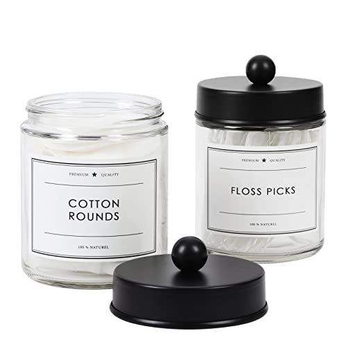 KUSVADO 2-Pack Bathroom Apothecary Storage Jars, Vanity Countertop Canister, Glass Jars Q-tip Holder, Cotton Swab Container, Bathroom Storage Container with 8 Pcs Waterproof Labels (9 Oz, Clear)