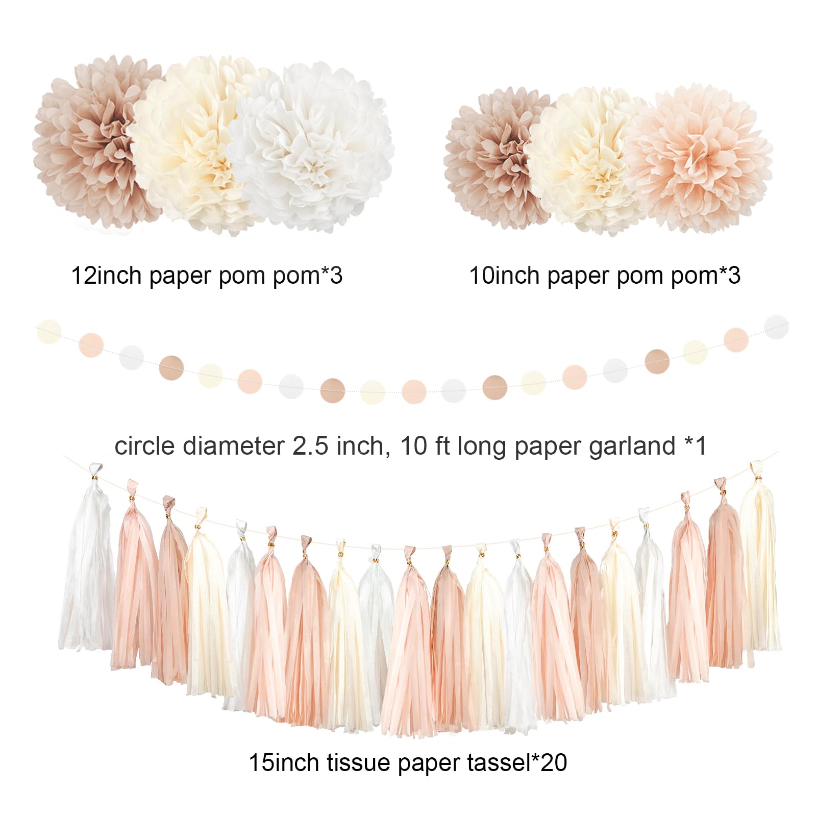 NICROHOME Boho Bridal Shower Decorations, Rustic Neutral Creamy White Tissue Paper Pom Poms Tassel, Dots Paper Garland Decorations Packages for Wedding Baby Shower Birthday Party Table Decorations