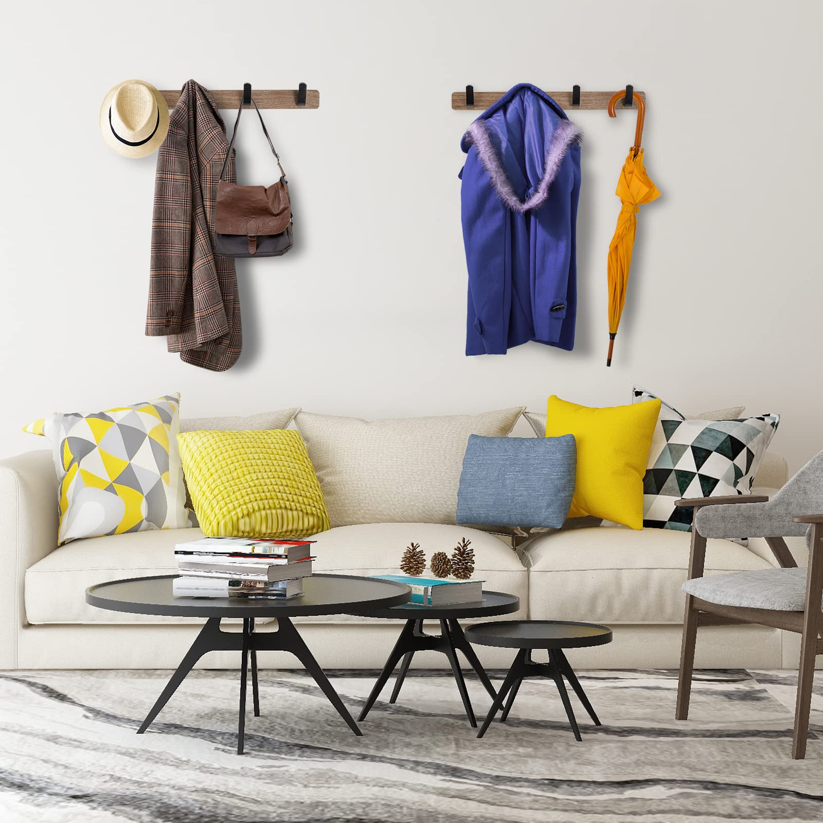 FATASTY Coat Hooks Wall Mount, Solid Walnut Wall Coat Rack with 4 Aluminum Hooks, 15.75 inches Coat Rack Wall Mount Hooks for Hanging Coats, Backpacks, Hats, Towels, Bags,etc.